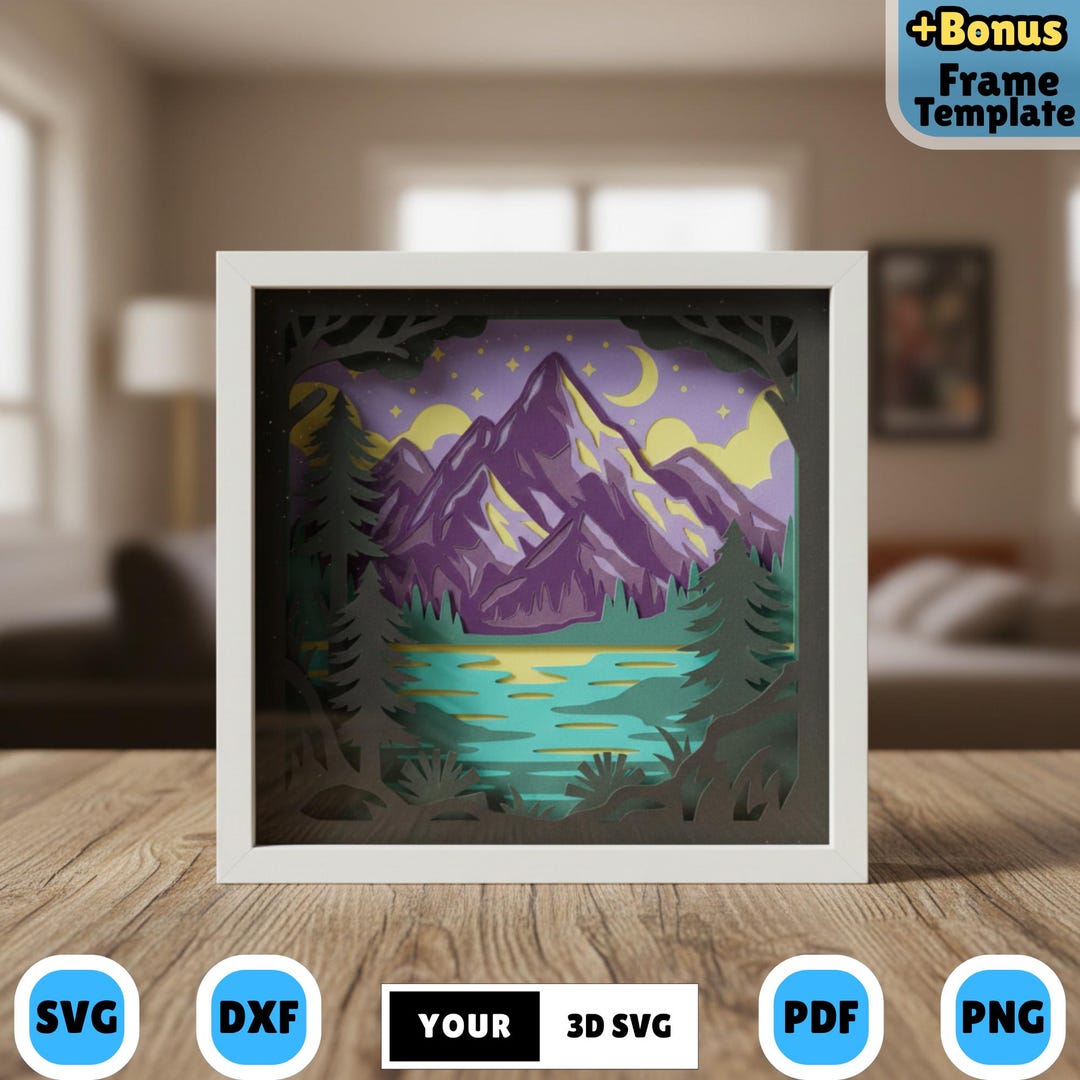 Moonlit Mountain Lake 3D Shadow Box SVG, Layered Paper Cut Starry Night ...