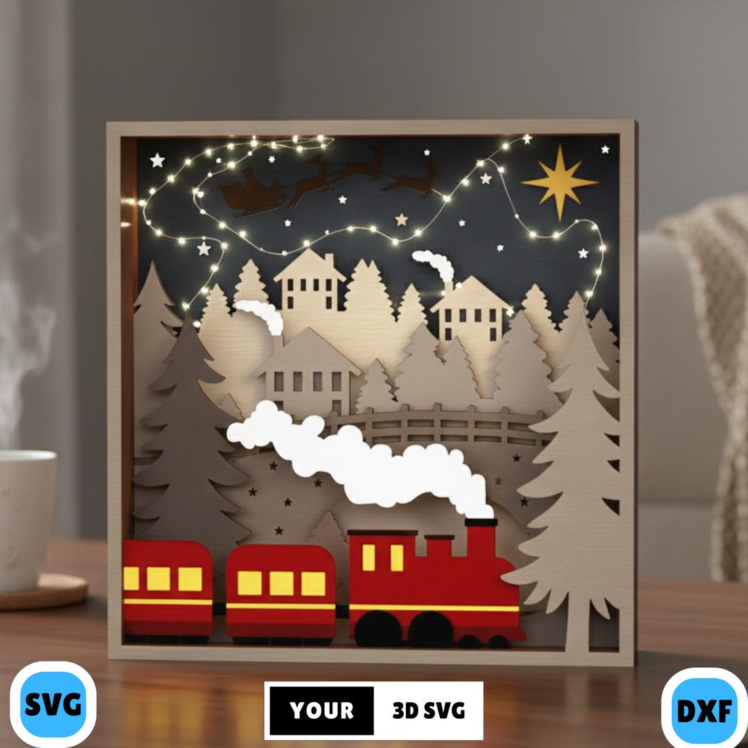 3D Christmas Village Laser Cut Lightbox, Layered Christmas Train Scene ...