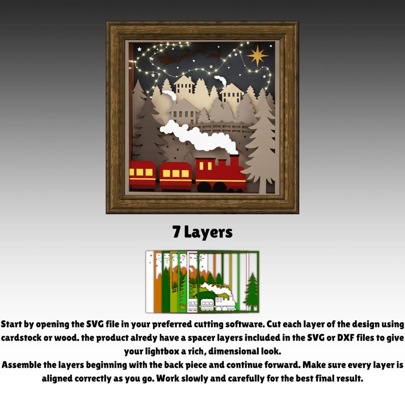 3D Christmas Village Laser Cut Lightbox, Layered Christmas Train Scene ...