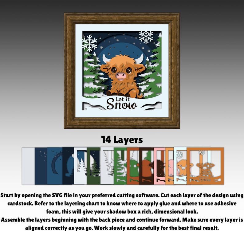 Christmas Highland Cow 3D Shadow Box SVG, Layered Papercut Winter Decor ...