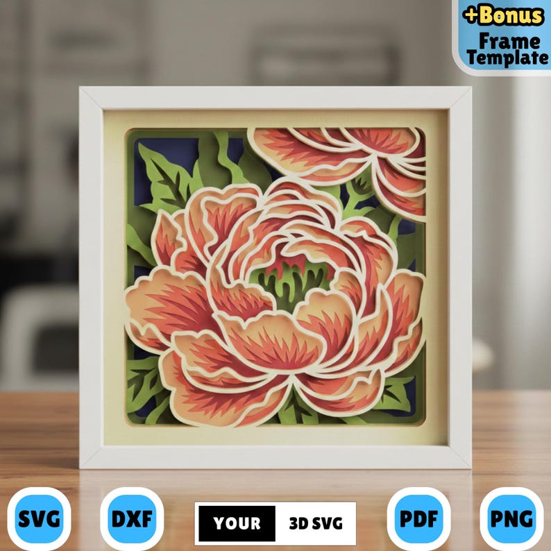 Peony Flower 3D Shadow Box SVG, Layered Paper Cut Floral Peony Petals ...