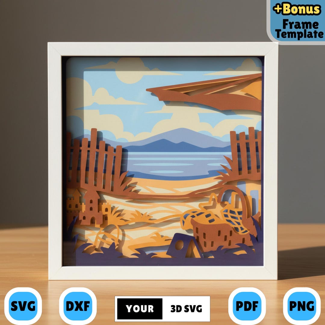 Beach Day 3D Shadow Box SVG, Layered Paper Cut Summer Seaside Light Box ...