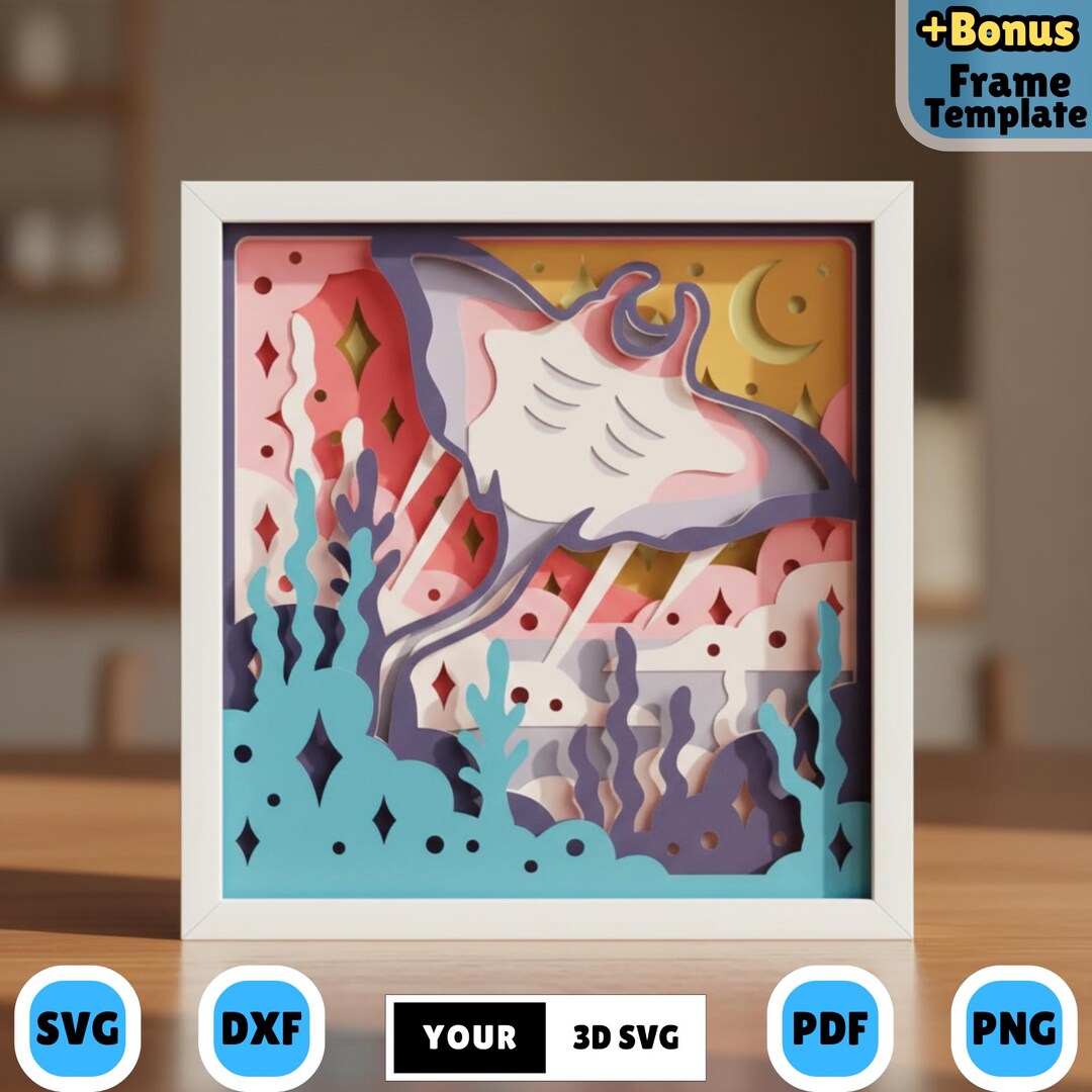 Magical Stingray 3D Shadow Box SVG, Ocean Fantasy Layered Paper Cut ...