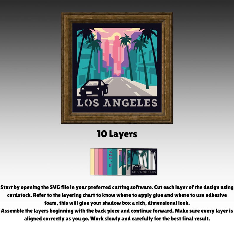 Los Angeles Sunset 3D Shadow Box SVG, Paper Cut City Skyline Wall Art ...