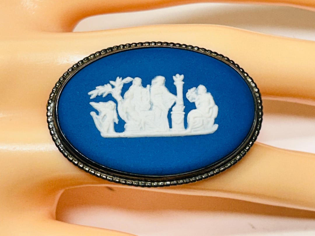 Vintage Wedgwood Blue Jasperware Oval Pin Brooch Cupid Greco Roman ...
