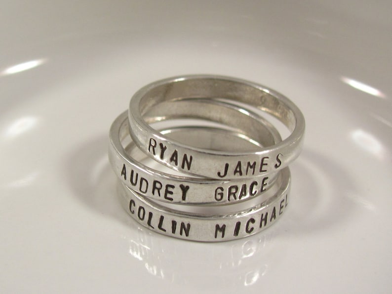 Silver Personalized Ring- Custom Hand Stamped Sterling Silver Stackable ...