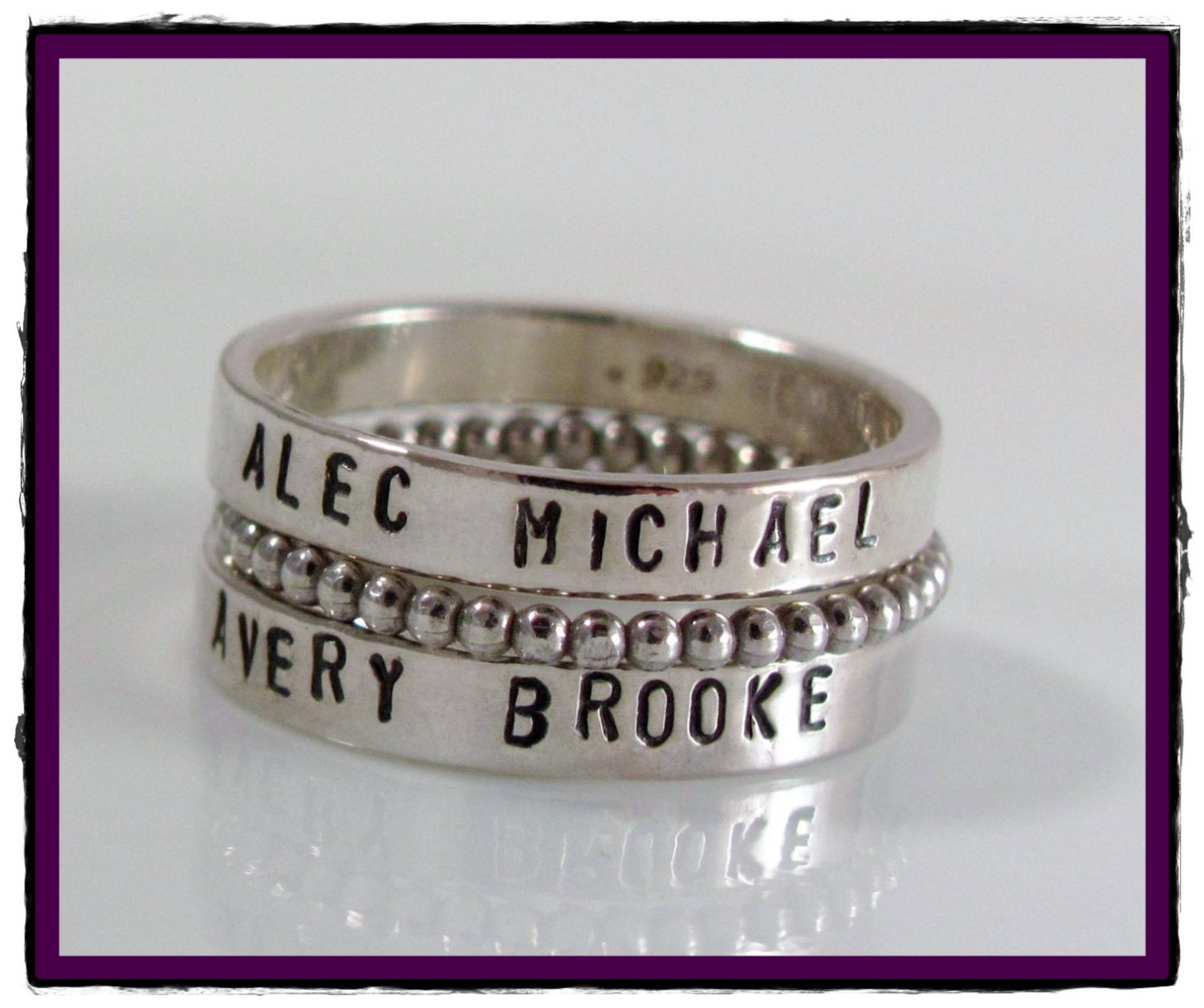 Sterling Silver Stackable Name Rings with Beaded spacer Ring | Etsy