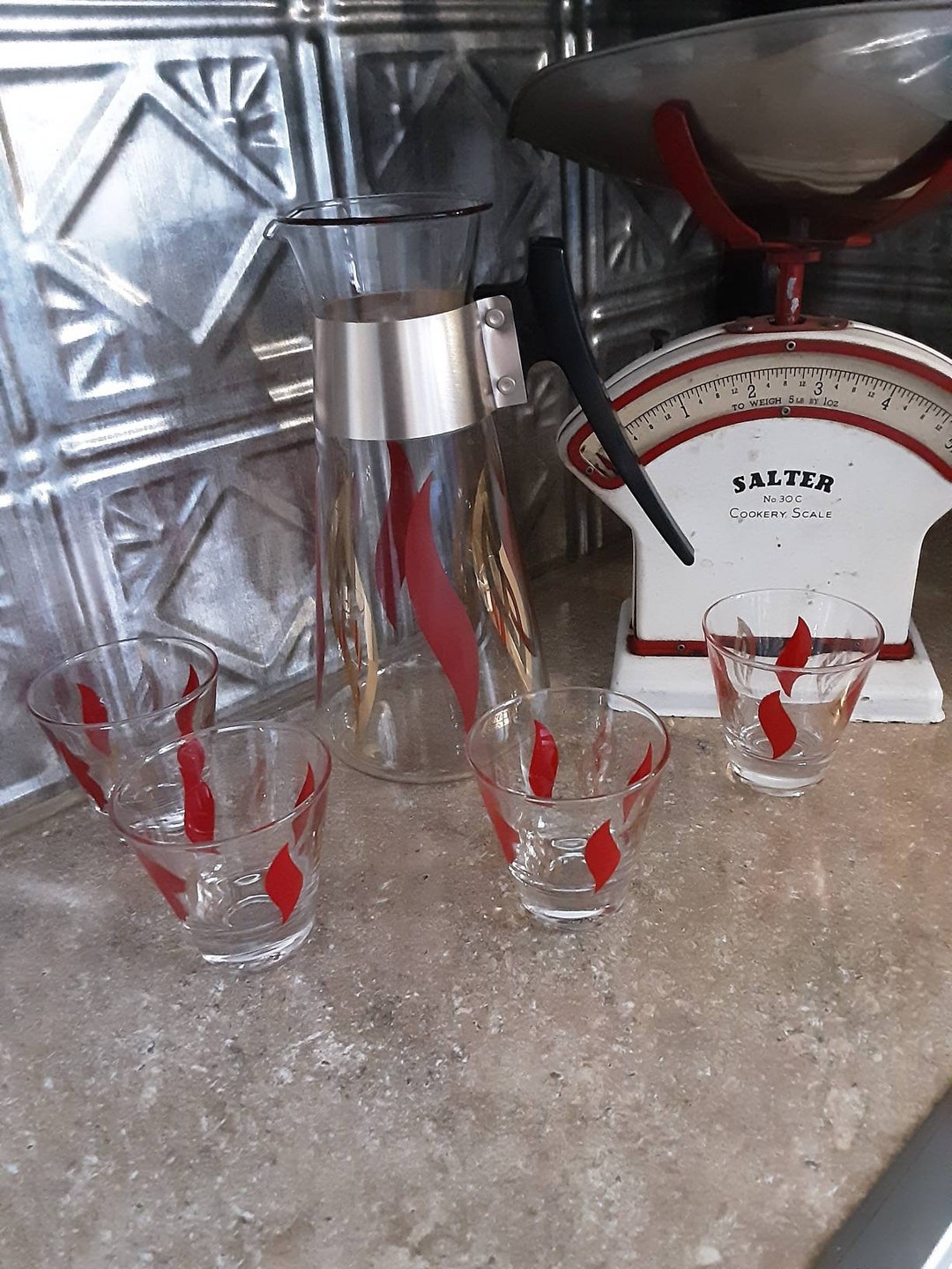 Beautiful Vintage MCM Rare Carafe Set Server Matching Glasses Red Gold ...