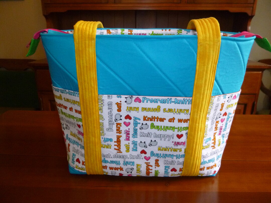 Large Knitting Project Bag Tote Blue Yellow Pink White Green Orange ...