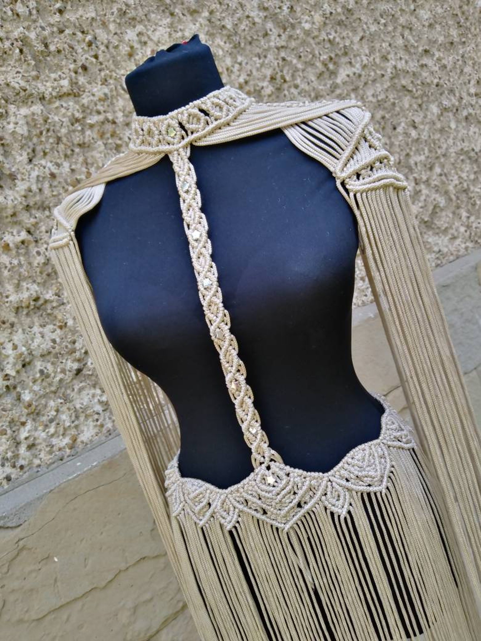 Macrame Festival Costume, Fringe Outfit, Macrame Epaulets, Shiny Beach ...