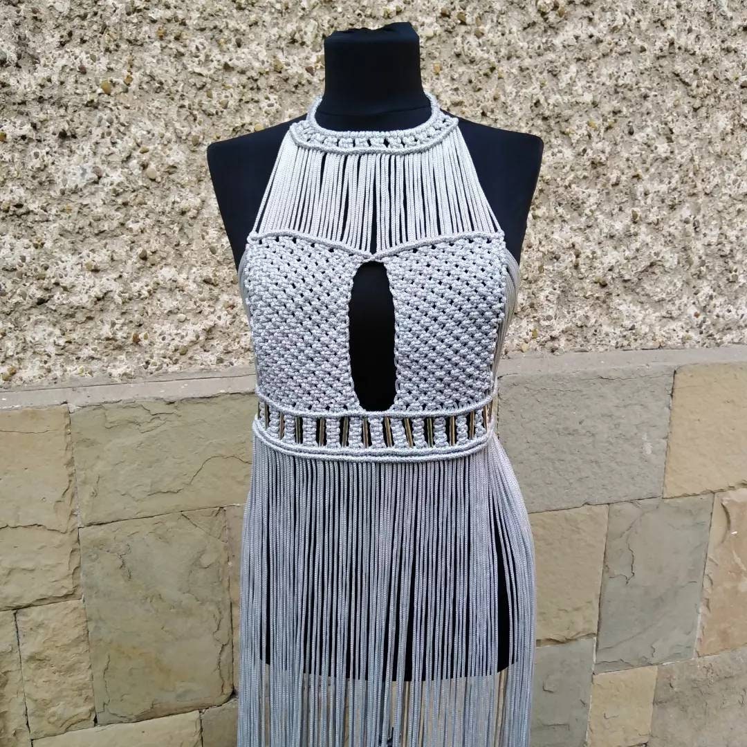 Macrame Dress, Festival Dress, Beach Party Cover, Macrame Fringe Dress ...