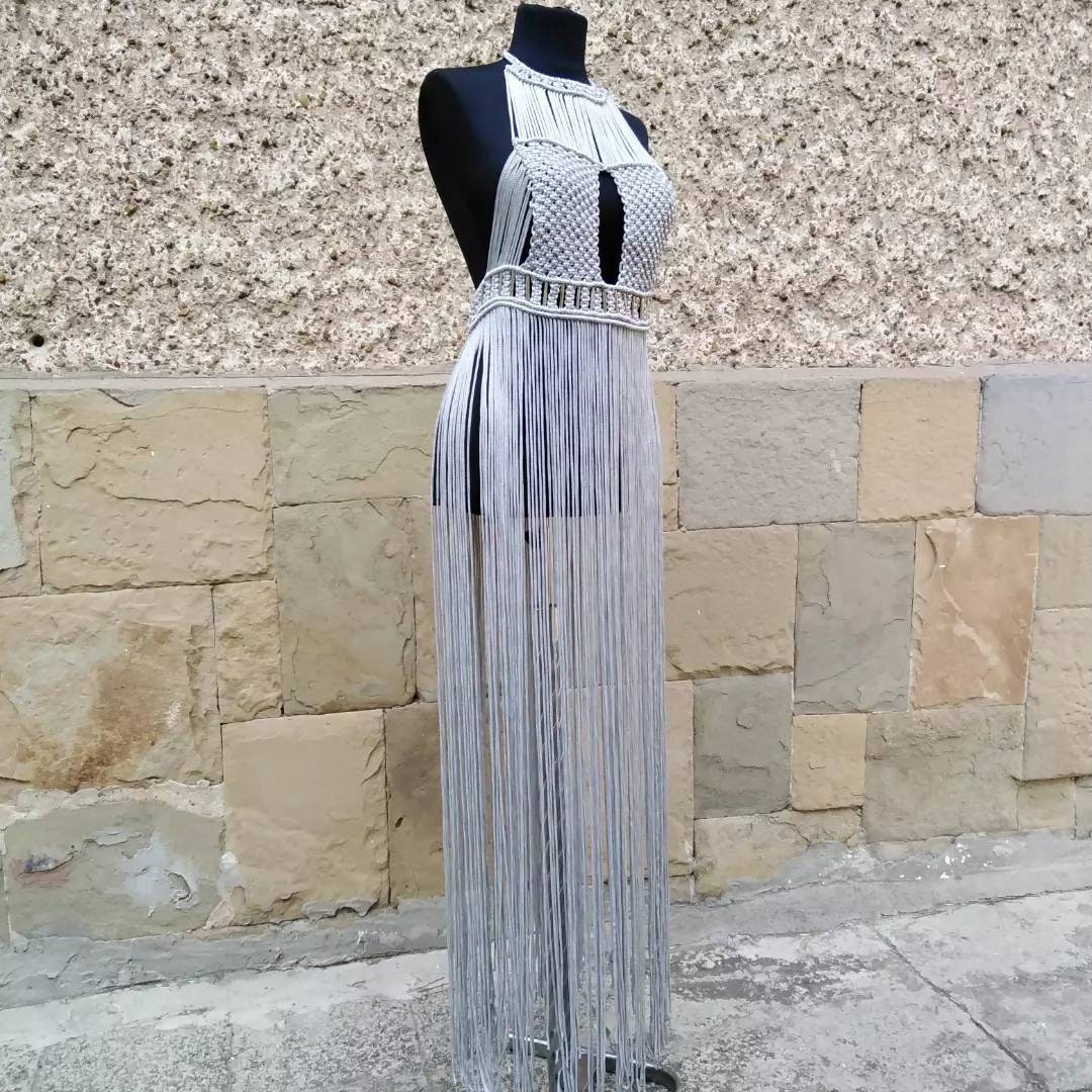 Macrame Dress, Festival Dress, Beach Party Cover, Macrame Fringe Dress ...