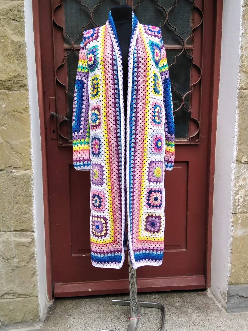 Granny Square Coat, Motif Granny Square Cardigan, Patchwork Style, Open ...