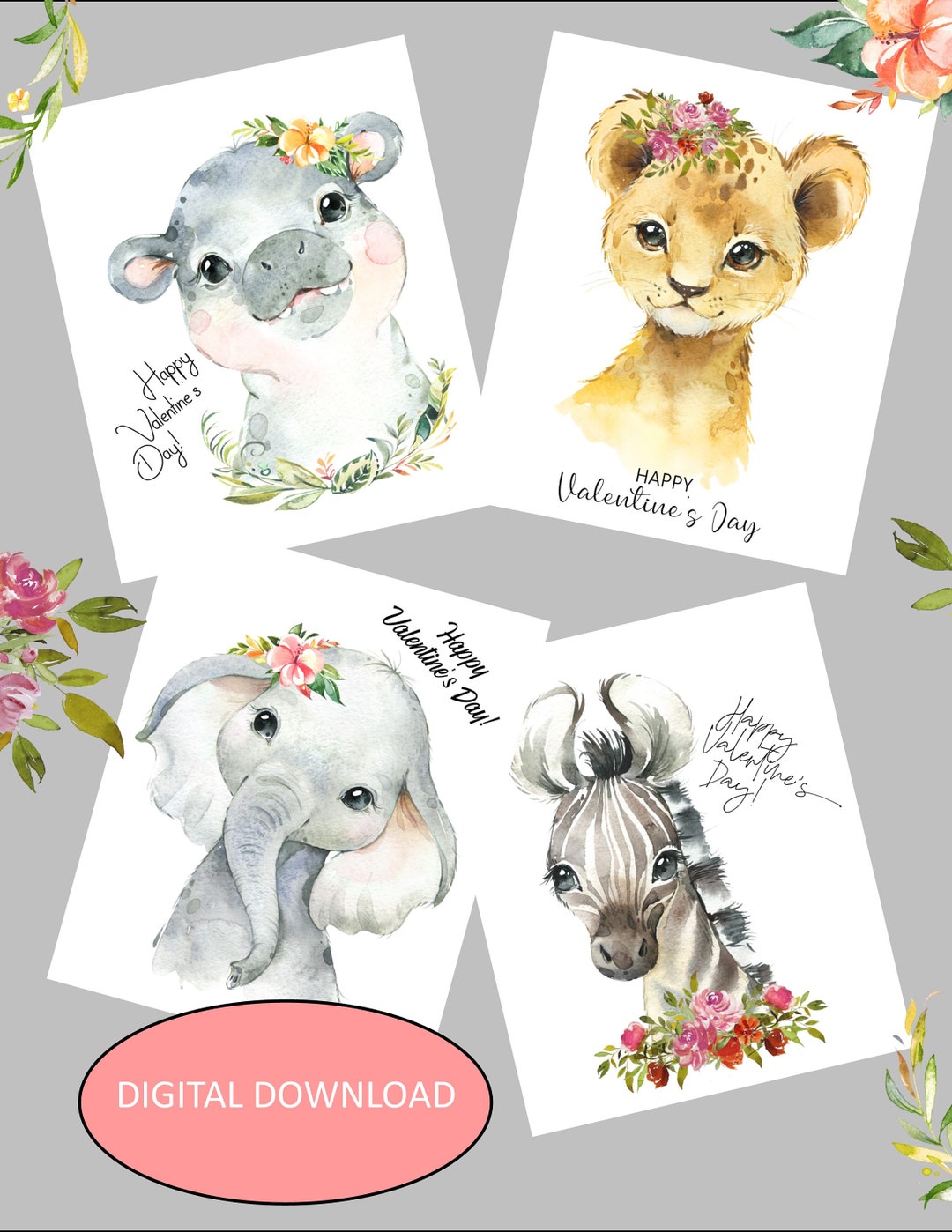 8 SAFARI ANIMAL VALENTINE'S Day Cards, Digital Download, School ...