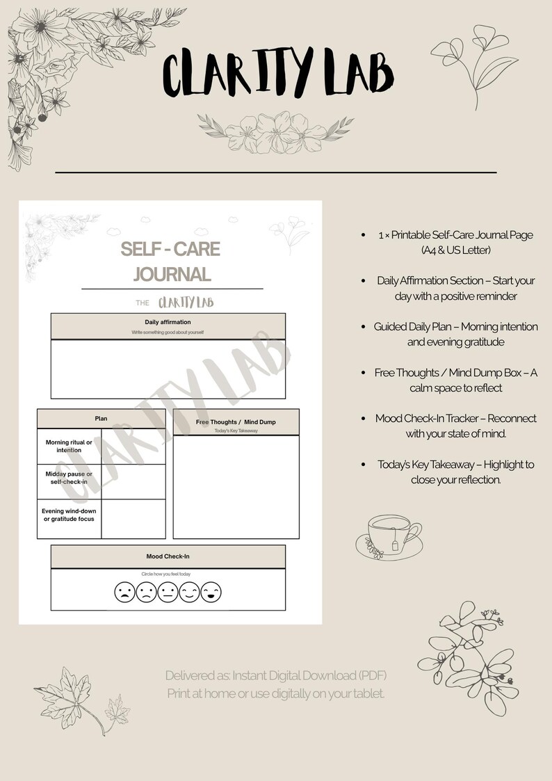 Printable Self-care Journal | Daily Reflection & Mood Tracker ...