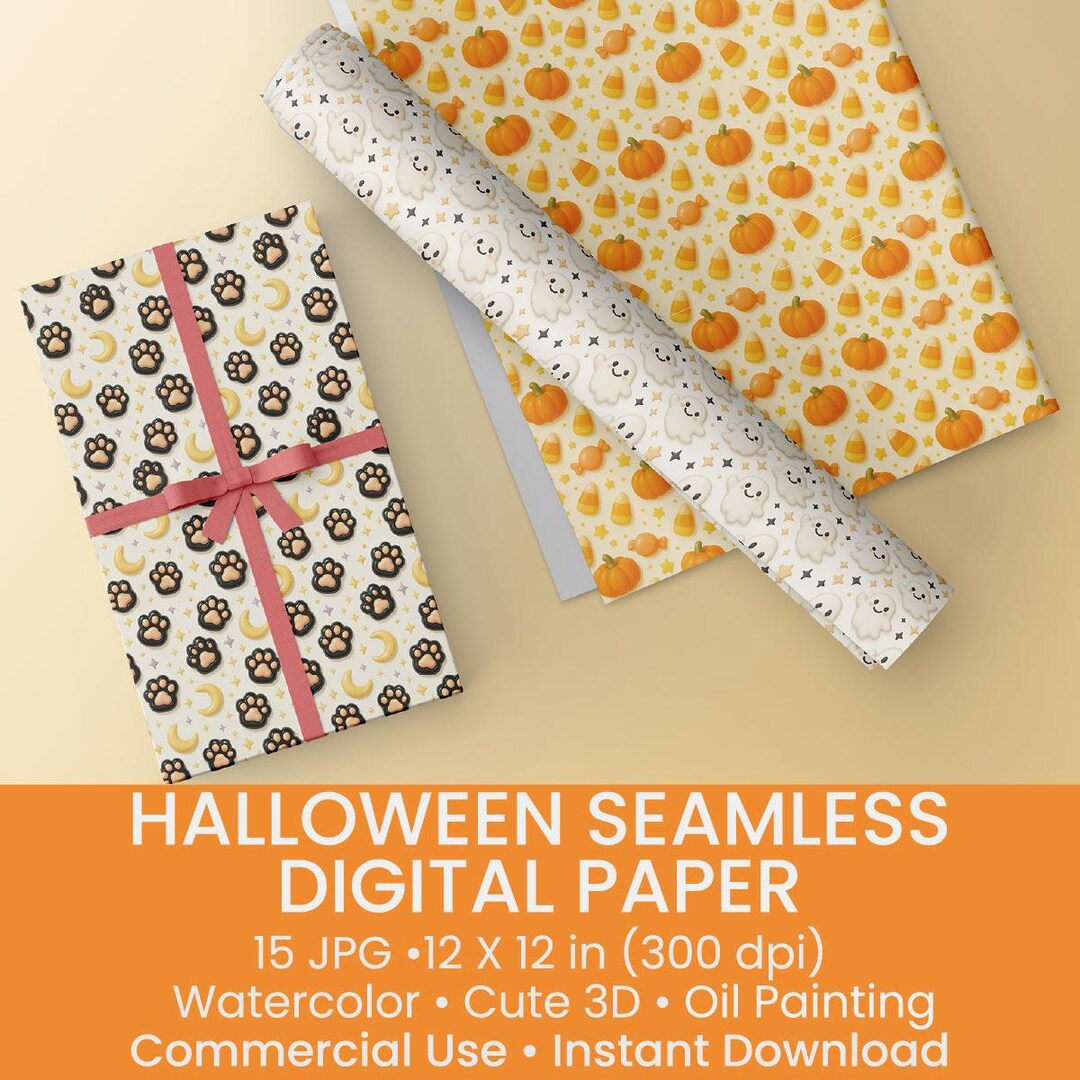 Halloween Seamless Digital Paper Bundle, Watercolor · Cute 3D · Oil ...