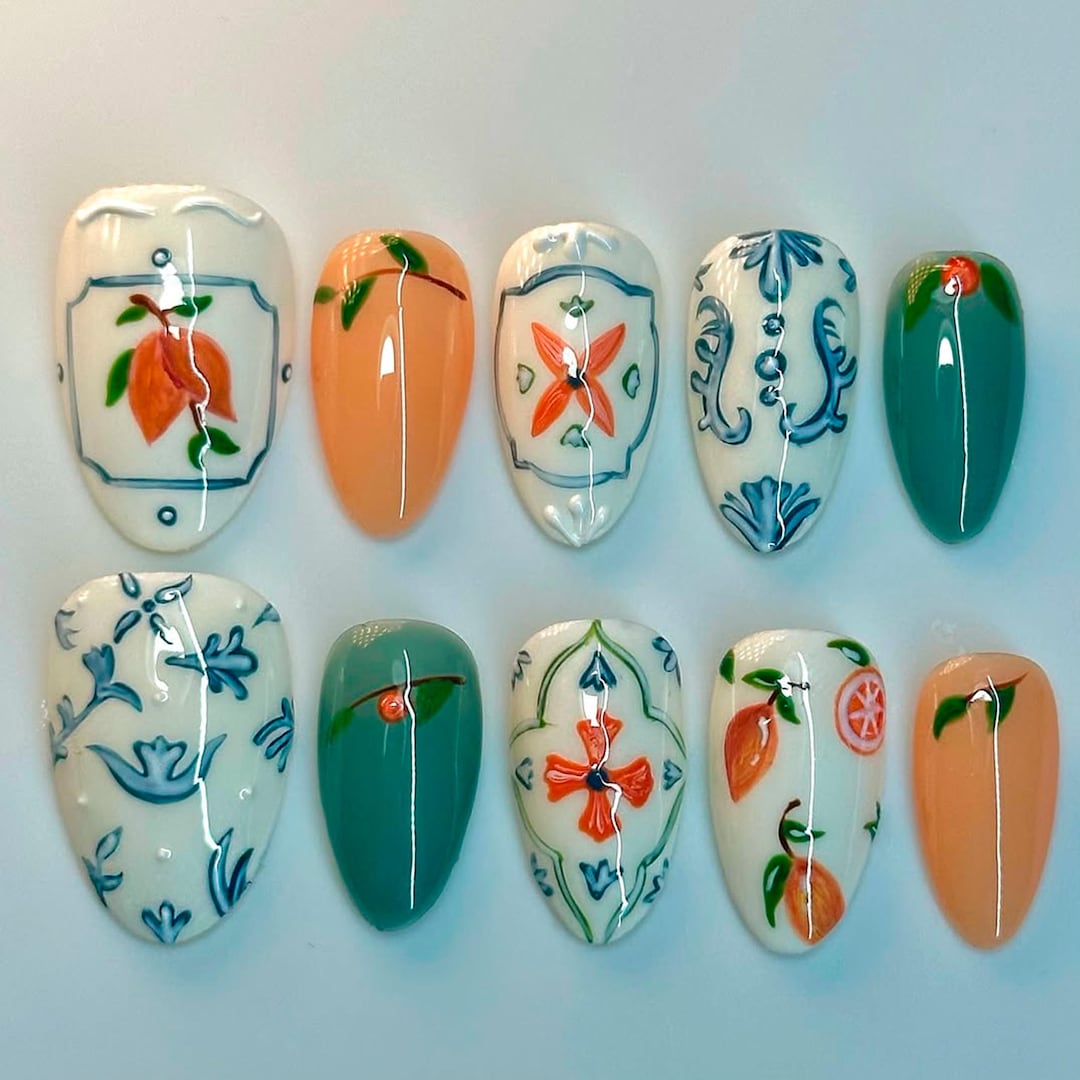 Hand-painted Ceramic Tile Press on Nails, Italian Florals ...