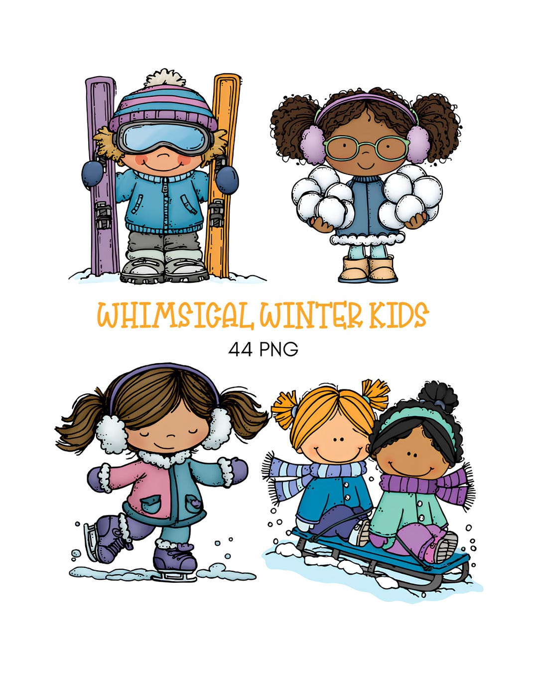 Whimsical Winter Kids Clipart Bundle PNG | Cozy Snow Children ...