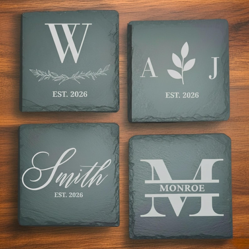Personalized Wedding Slate Coasters – Engraved Family Name Monogram ...