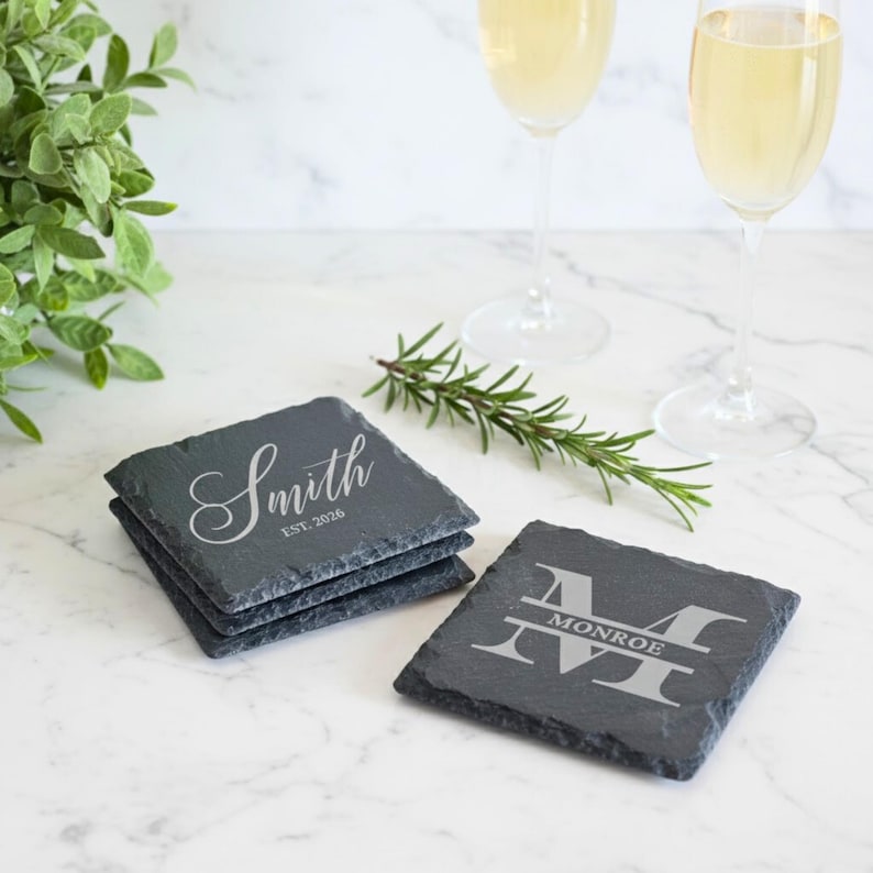 Personalized Wedding Slate Coasters – Engraved Family Name Monogram ...