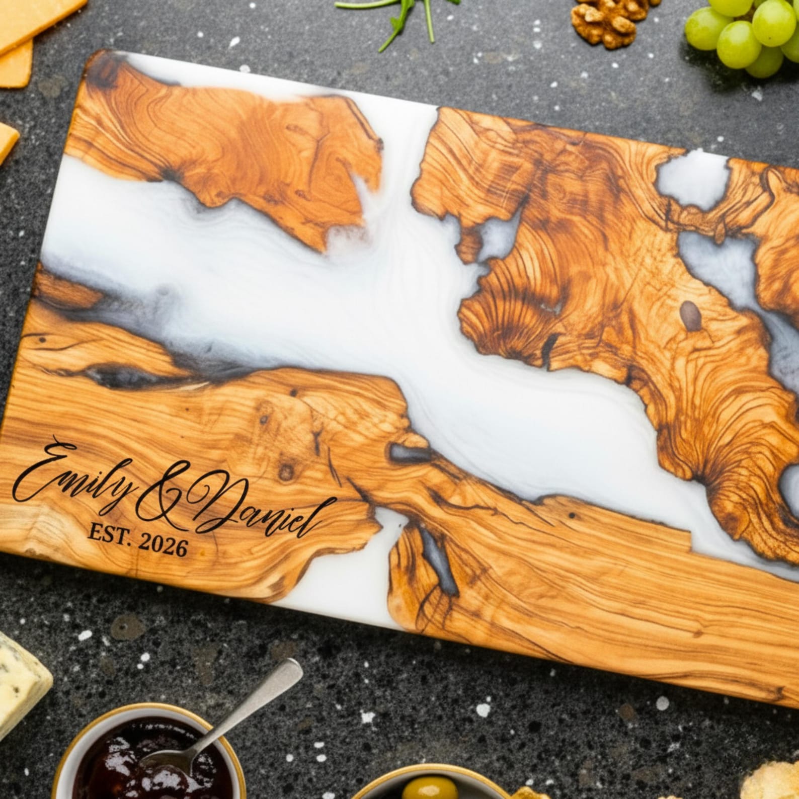 Olive Wood Wedding Resin Cutting Board – Personalized Charcuterie Board ...