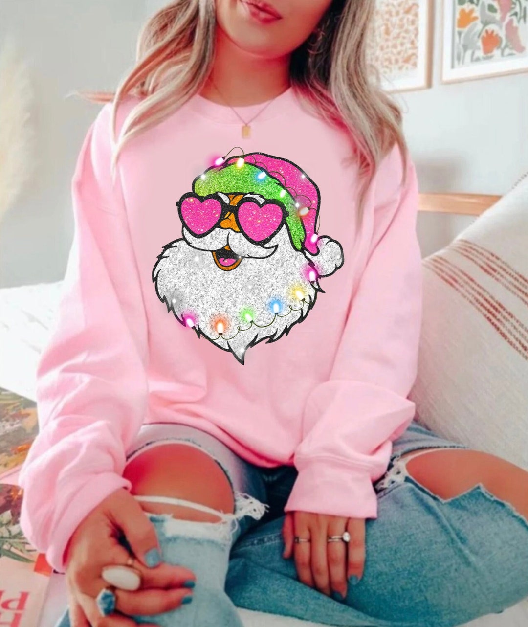 Pink Santa Sweatshirt With Sunglasses and Faux Glitter Christmas Lights ...