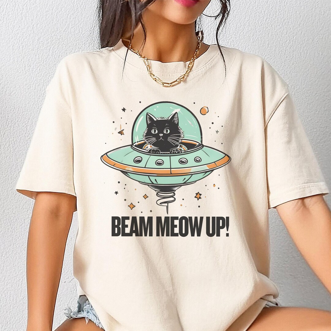 UFO Space Cat Comfort Color Shirt, Funny Alien Cat Tee, Oversized ...