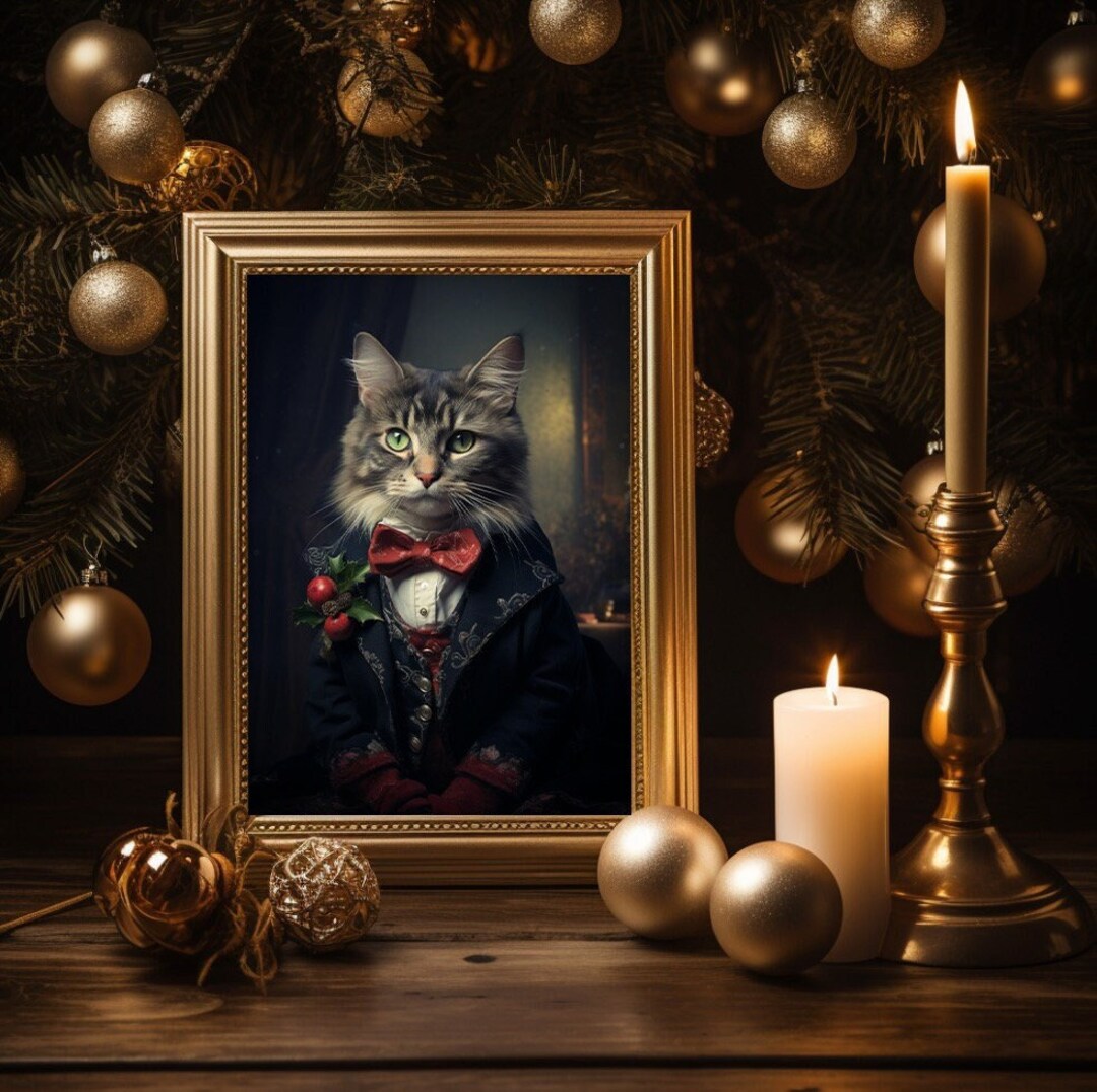 Victorian Cat Portrait Painting Christmas Gothic Cat Art - Etsy