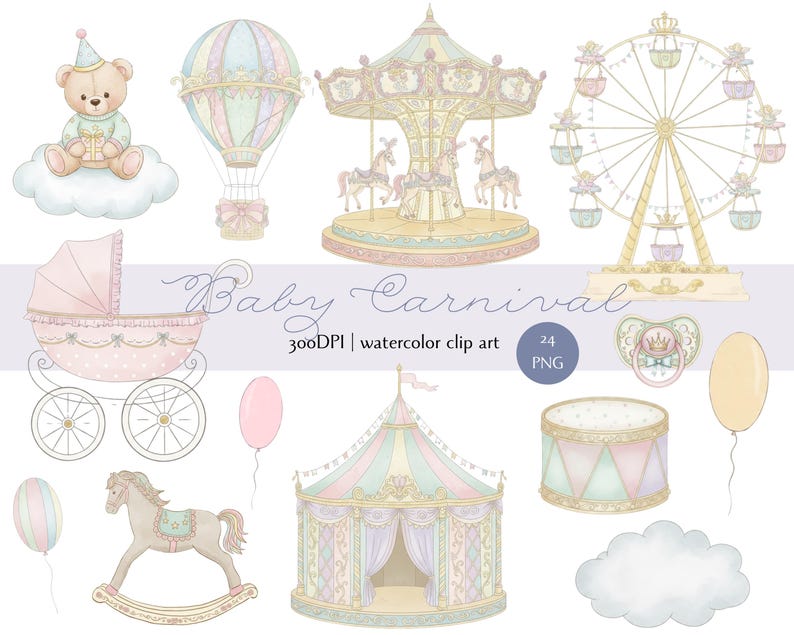 24 Baby Carnival Clipart PNG, Watercolor Circus Graphics, Commercial ...