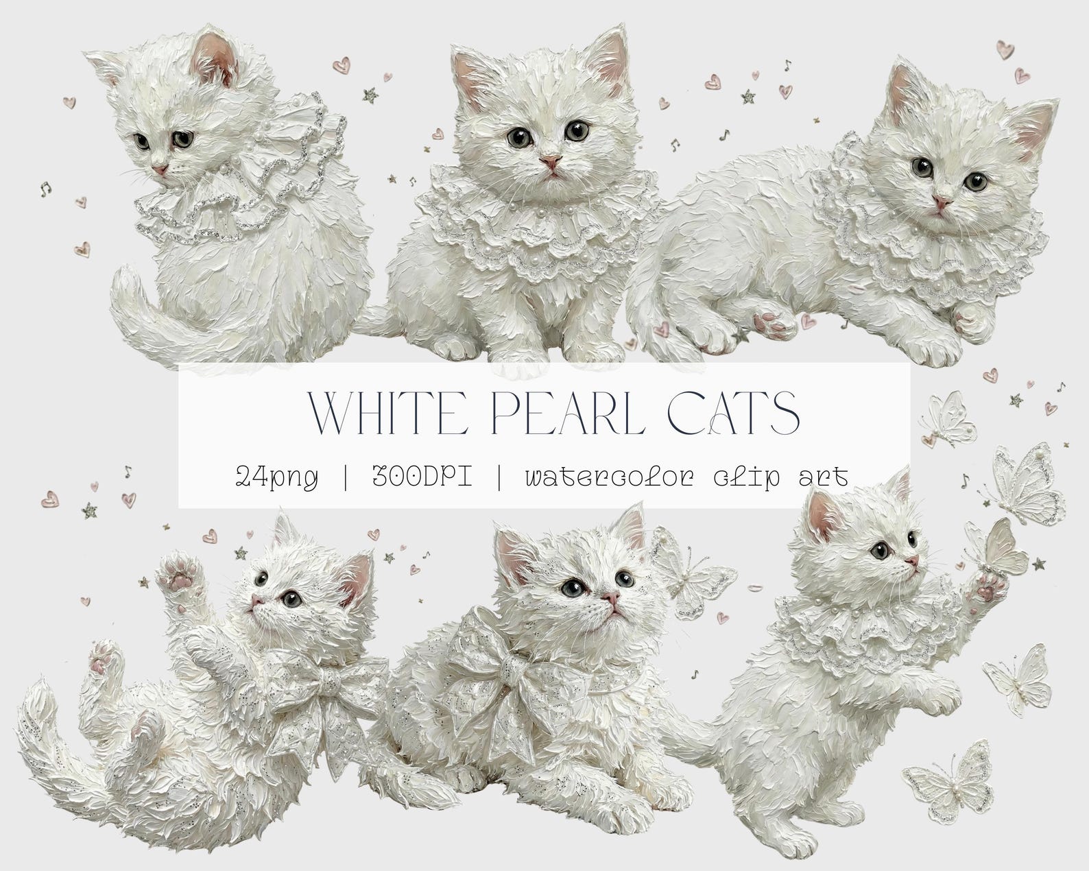 24 White Pearl Cats Clipart PNG, Watercolor Kittens With Lace Collars ...