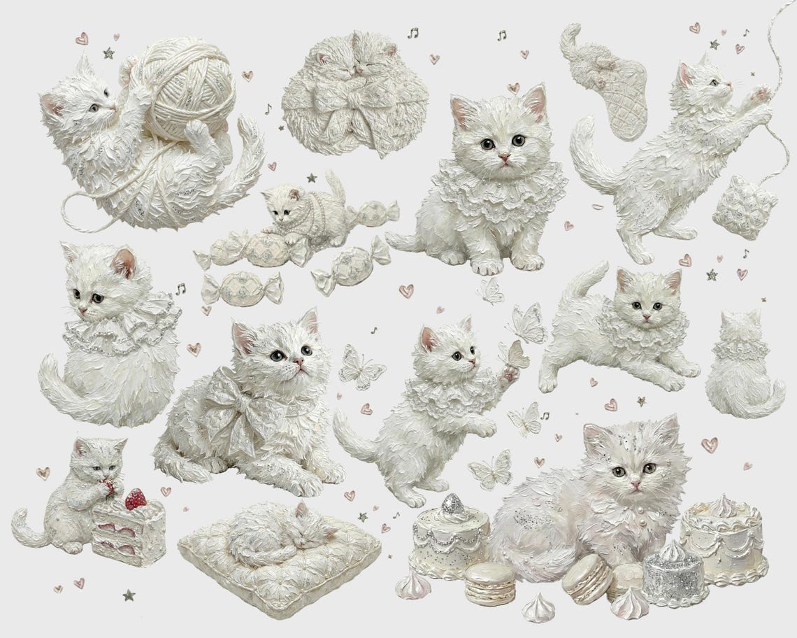 24 White Pearl Cats Clipart PNG, Watercolor Kittens With Lace Collars ...