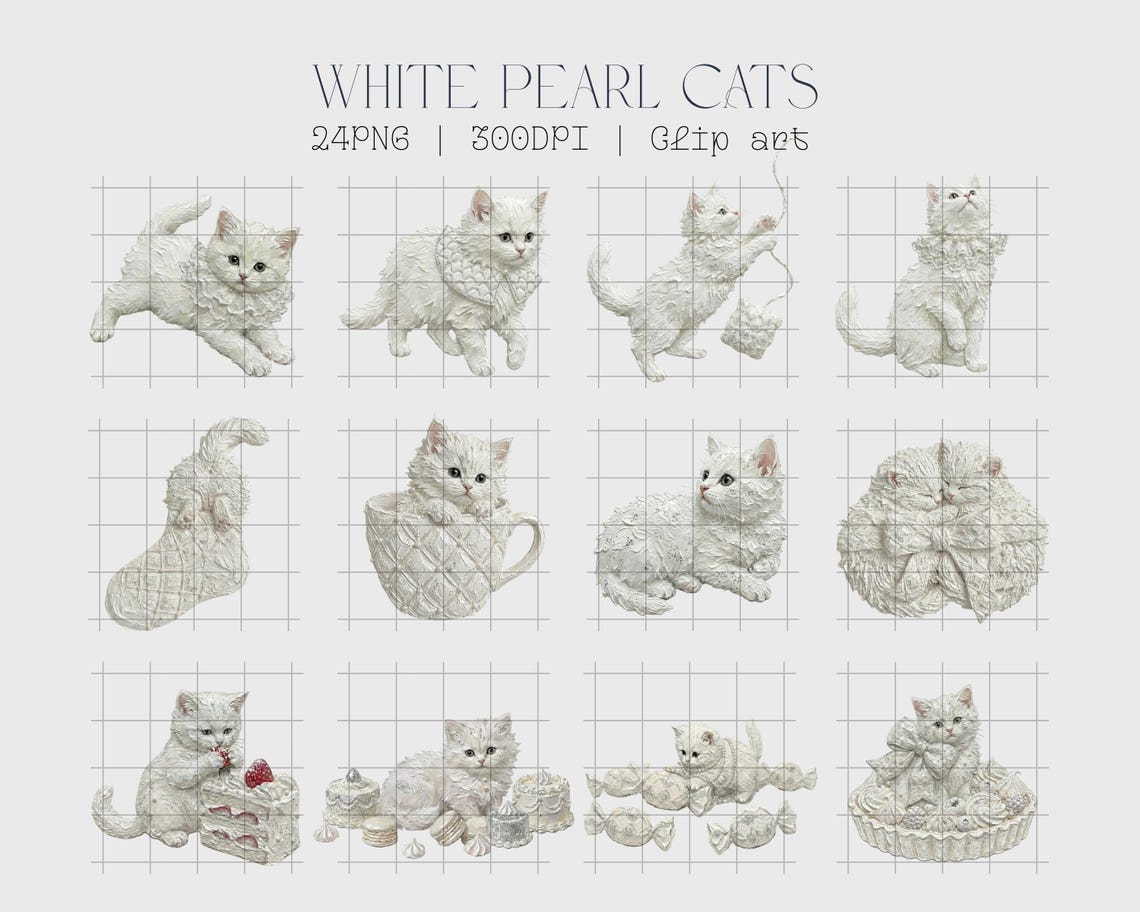 24 White Pearl Cats Clipart PNG, Watercolor Kittens With Lace Collars ...