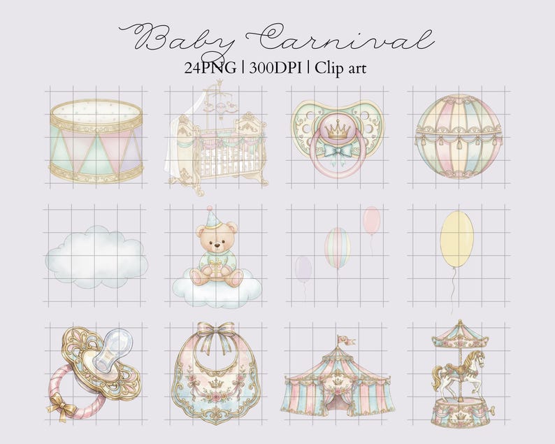 24 Baby Carnival Clipart PNG, Watercolor Circus Graphics, Commercial ...