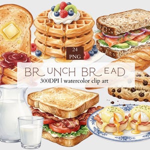 24 Brunch Bread Clipart PNG, Watercolor Breakfast Food Graphics ...