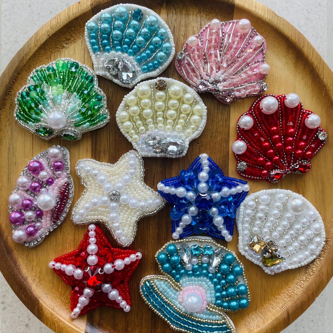 Beaded Seashell & Starfish Patch - Ocean-themed Applique - Jacket or ...