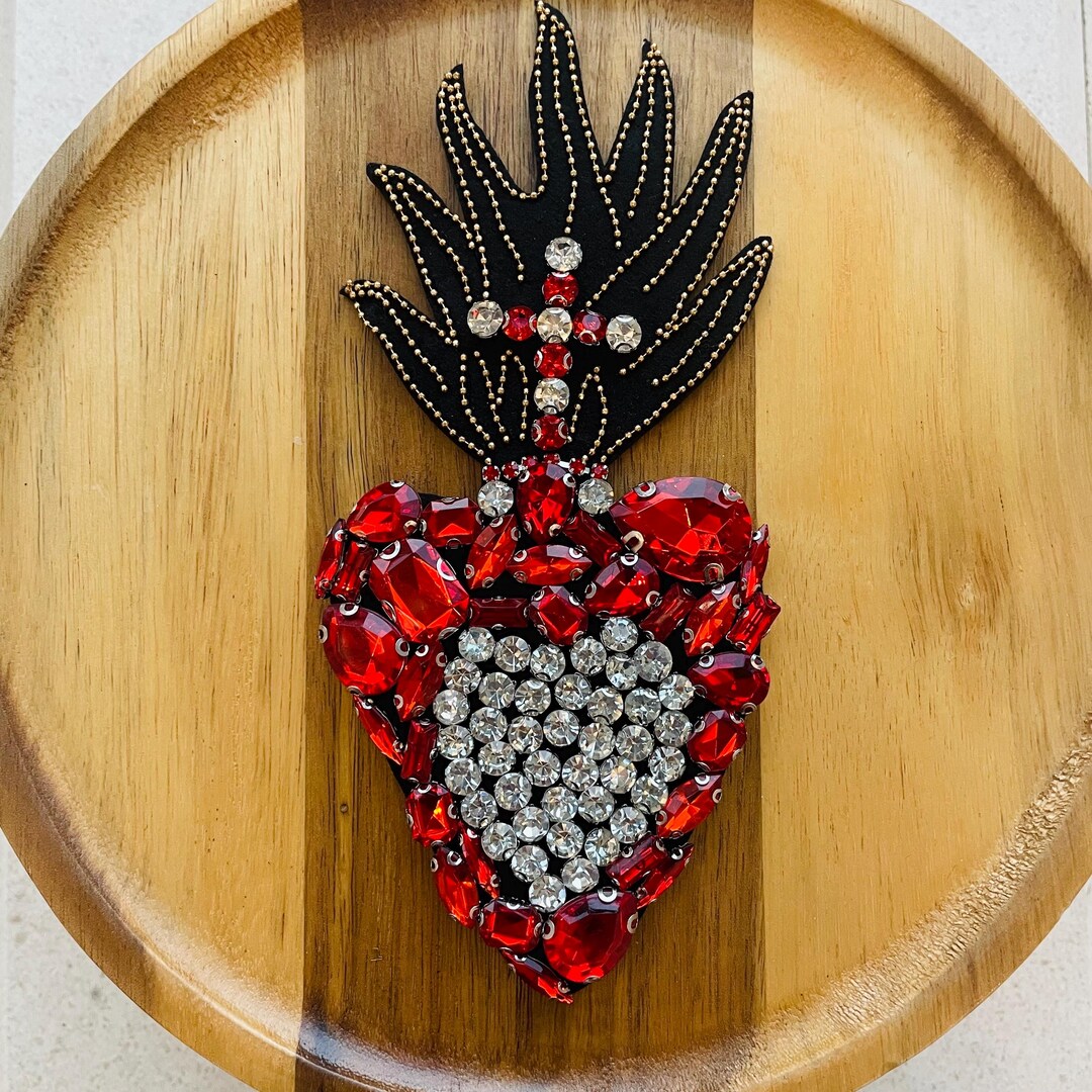 Sacred Heart Rhinestone Patch - Burning Heart Embroidery Applique ...