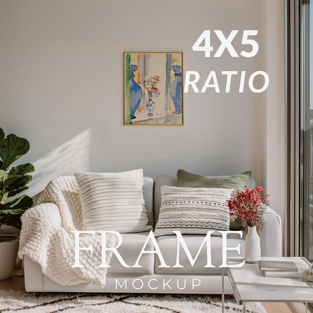 4x5 Gold Frame Mockup, Living Room Wall Art Mockup, Cozy Neutral ...