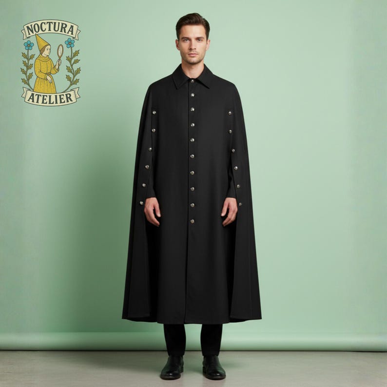 Men’s Long Black Cape Coat,larp Fantasy Knight,renaissance Cape,viking ...