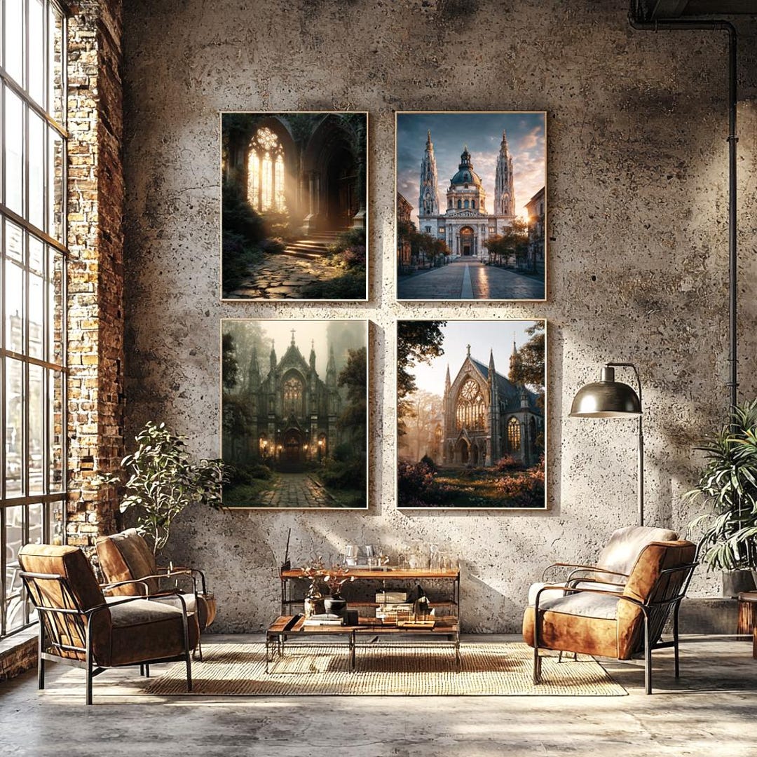 Set of 4 Vintage Cathedral Printable Posters, Retro Rustic Wall Art ...