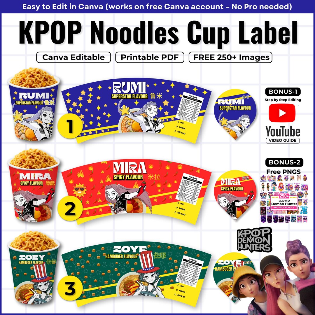 Kpop Demon Hunters Cup Noodle Labels, Huntrix Ramen Ramyeon Party Favor ...