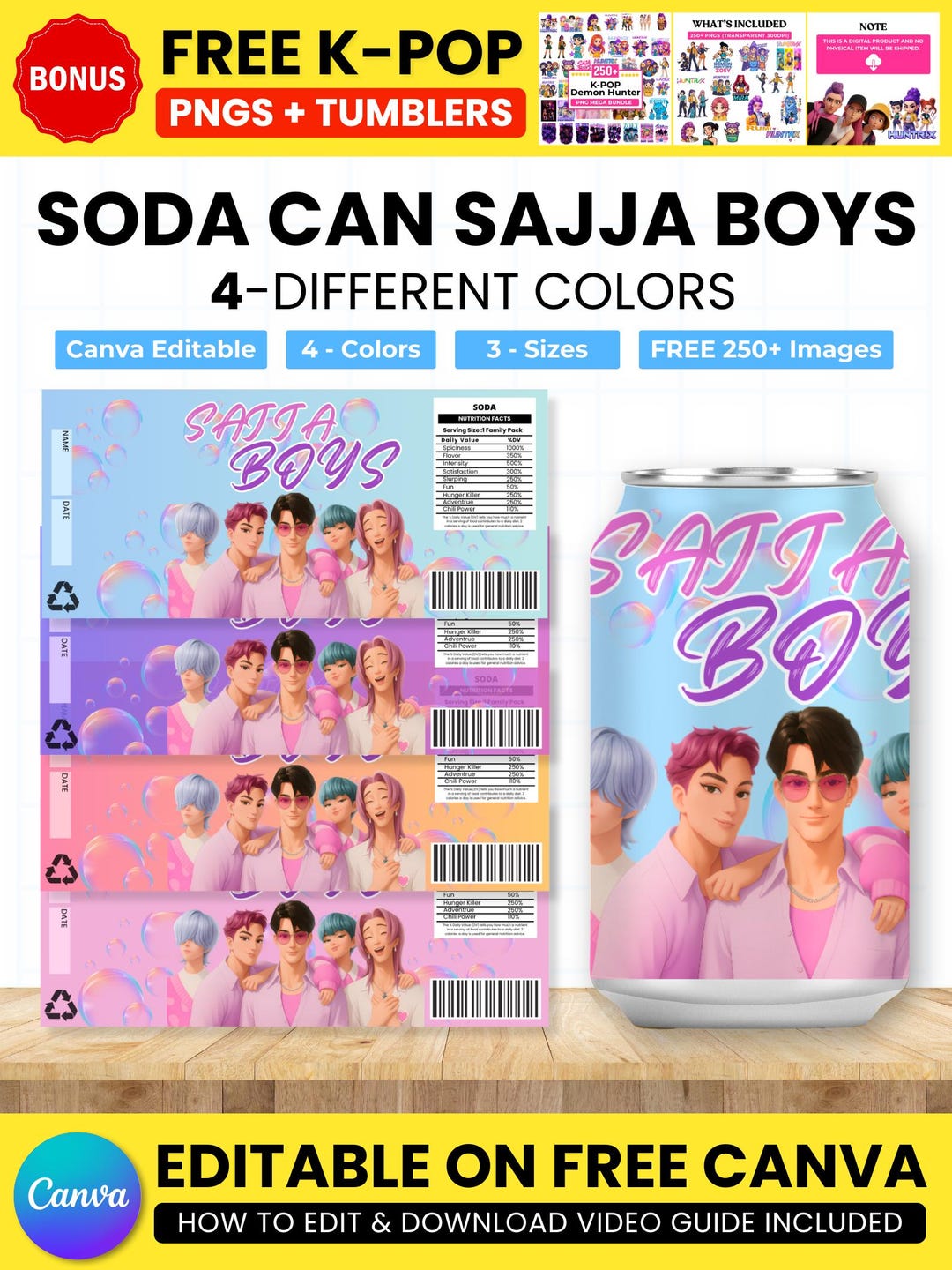 Kpop Demons Hunter Printable | Saja Girl Soda Can Labels | 4 Color Soda ...