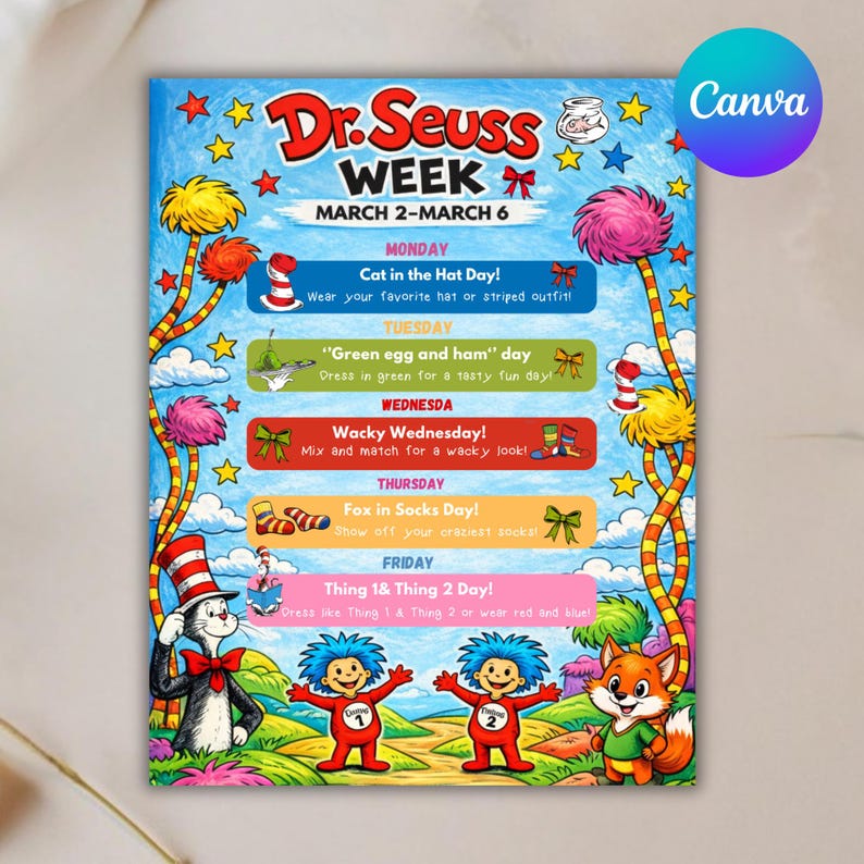 Editable Dr Sauss Read Across America Template, Spirit Week Flyer ...