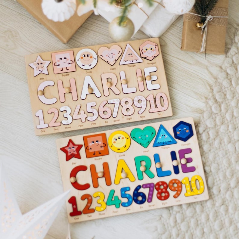 Rainbow Name Puzzle – Wooden Shapes and Numbers, Montessori Toy - Etsy