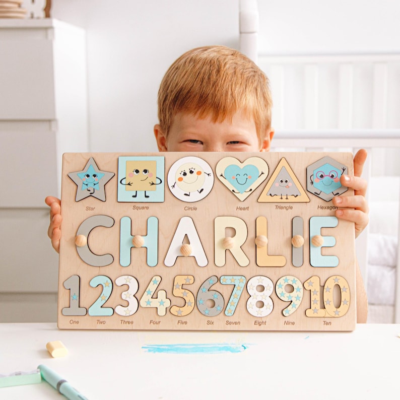 Rainbow Name Puzzle – Wooden Shapes and Numbers, Montessori Toy - Etsy