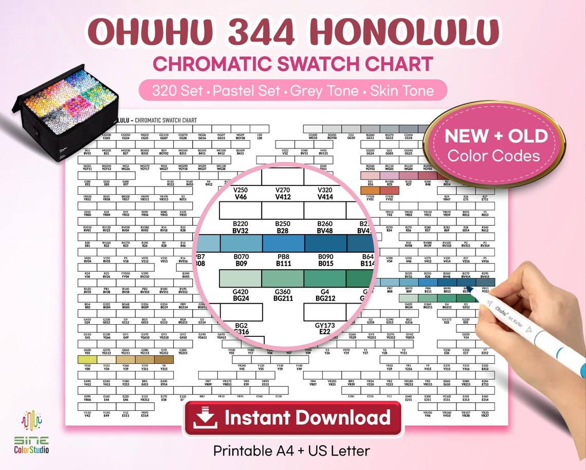 Ohuhu 344 Marker Chart: New Code, Honolulu Set Chromatic Color ...