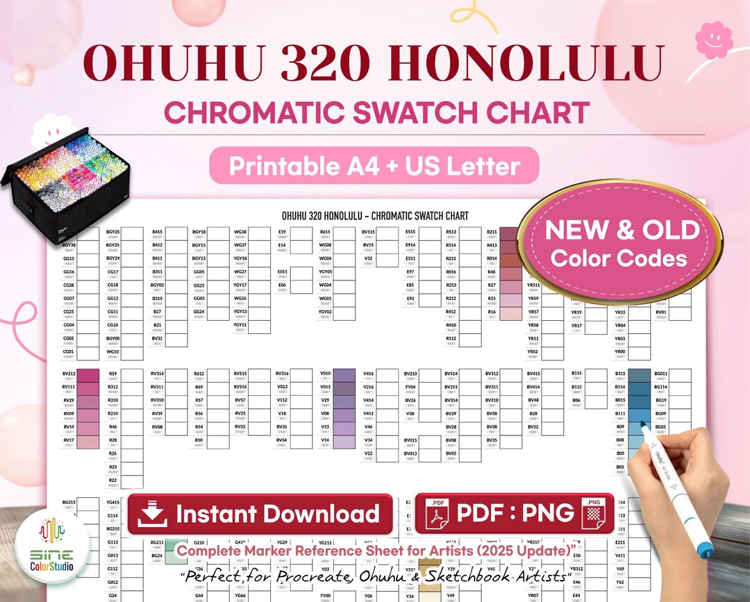 Ohuhu 320 Colors Swatch Chart 2025 Edition – Printable Marker Chart ...