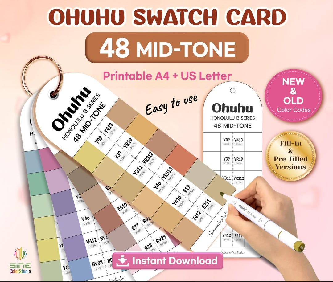 Ohuhu 48 Mid-tone Swatch Card • Printable Marker Chart A4 & US Letter ...