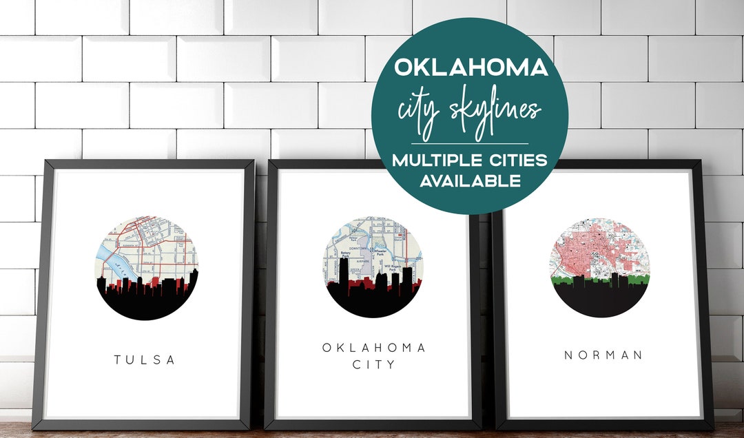 Oklahoma City Skyline Map Art Print, Tulsa, Norman OK - Etsy