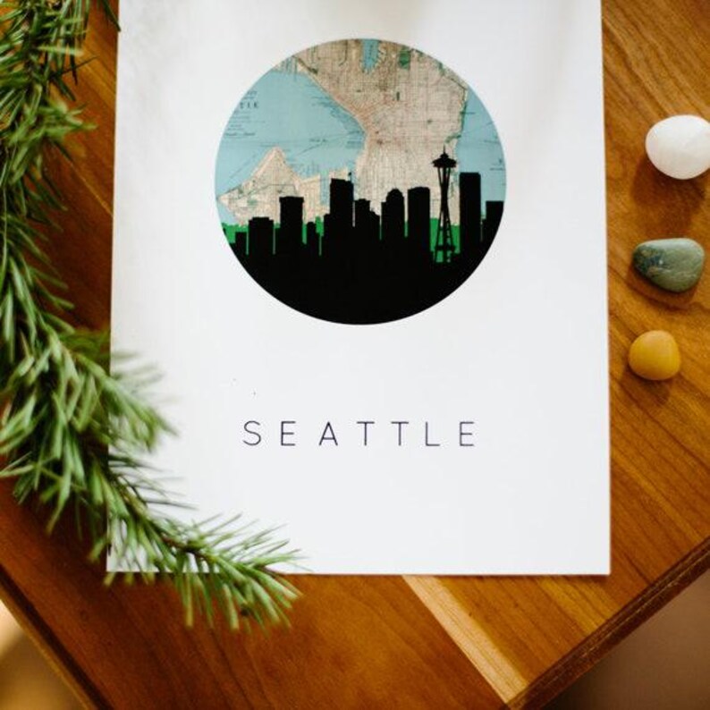 Seattle Map Art Print | Seattle City Map Poster and Space Needle Decor ...