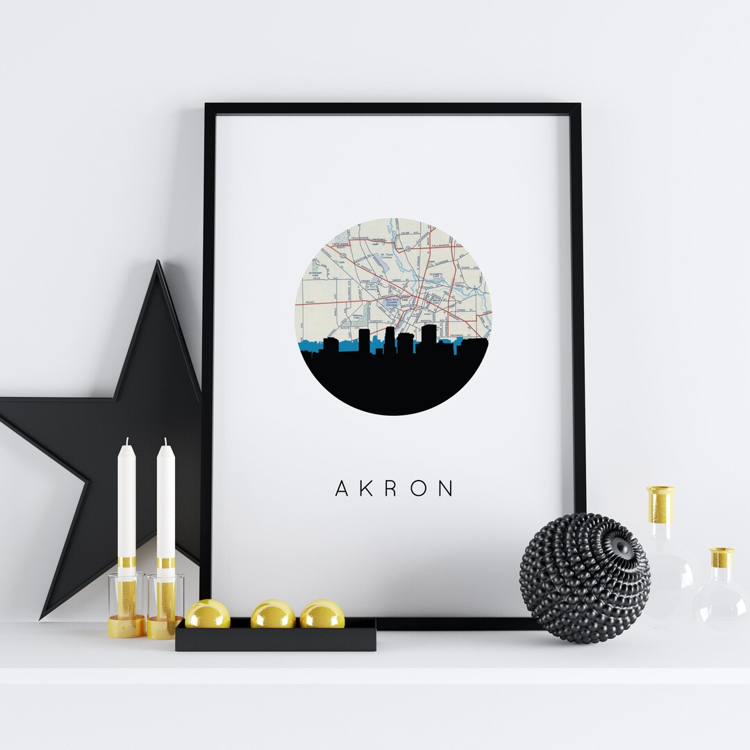 Akron Ohio Map Art, Akron Map Art, Akron Skyline Art, Akron, Ohio Art ...